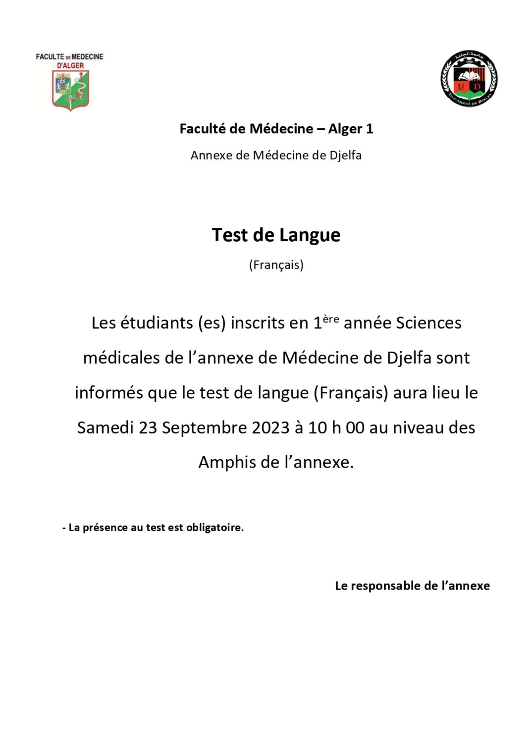 Annexe de médecine- Test de Langue | FSNV